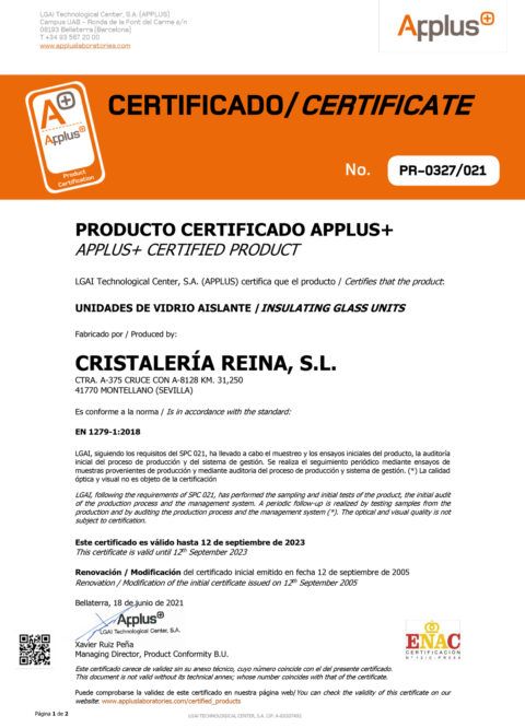 Certificado Applus - Cristaleria Reina