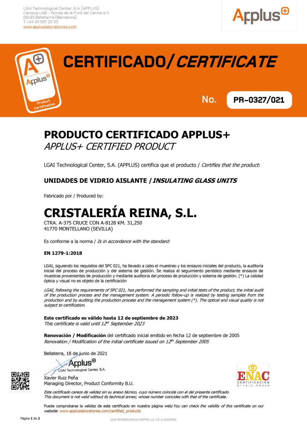 Certificado Applus - Cristaleria Reina